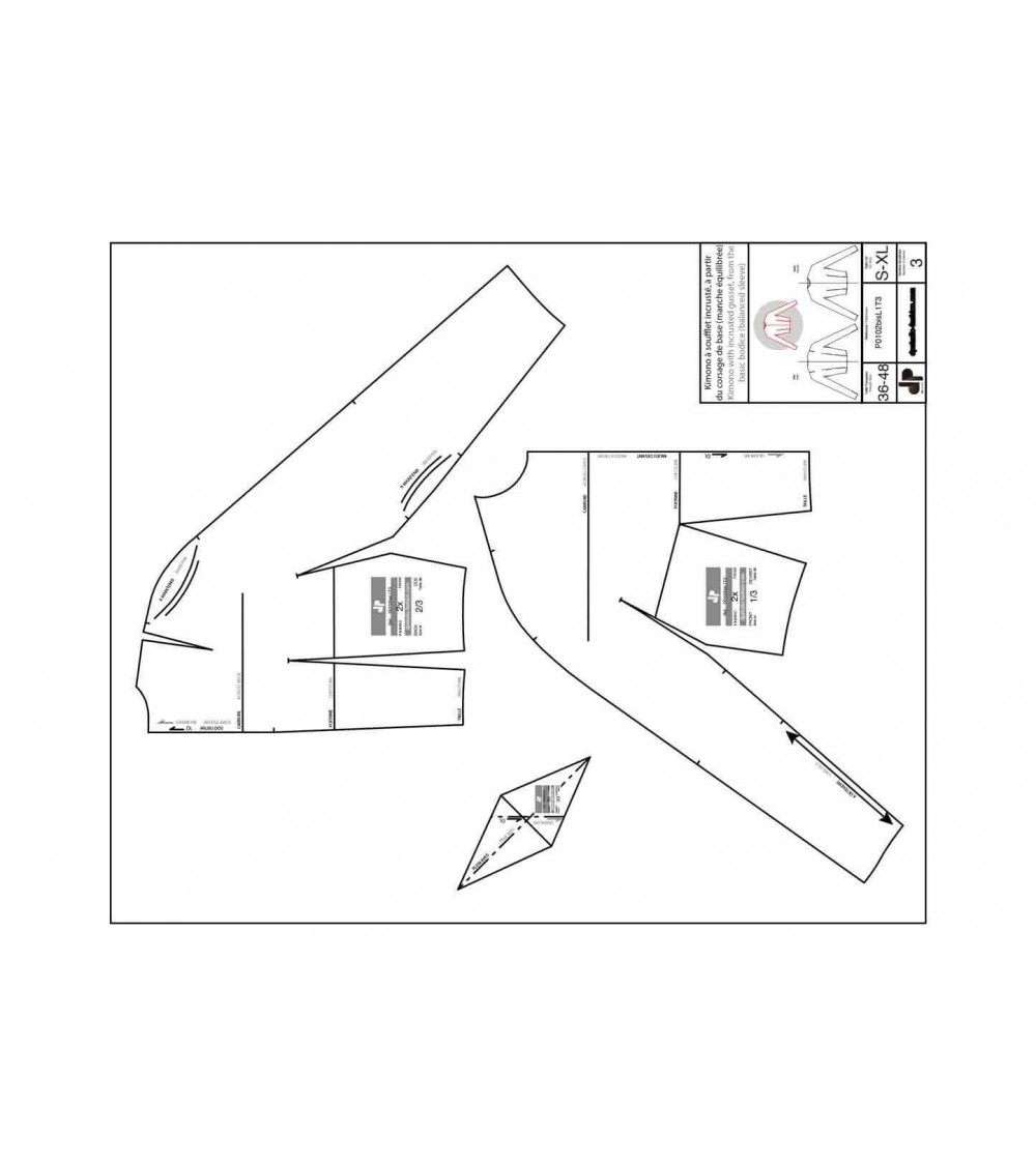 Kimono sleeve with inset gusset (knitwear or loose garment base pat...